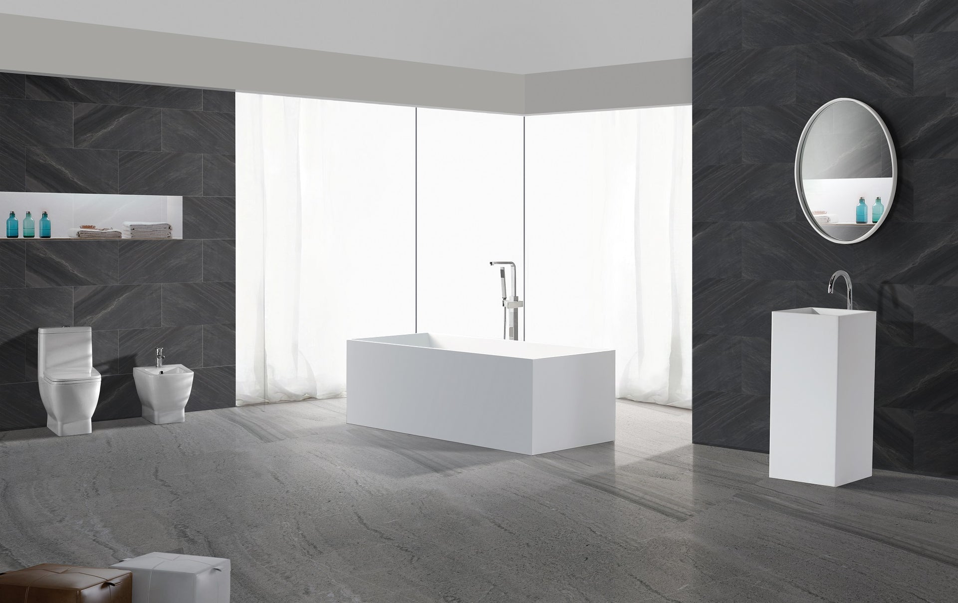 Contemporary Stone Bath w/ Built-In Seat - 1680mm - B029 – Stonebaths